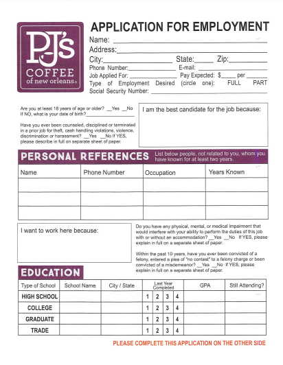 PJ’s Coffee Job Application Form & Apply Online 2025 - Careers & Job ...